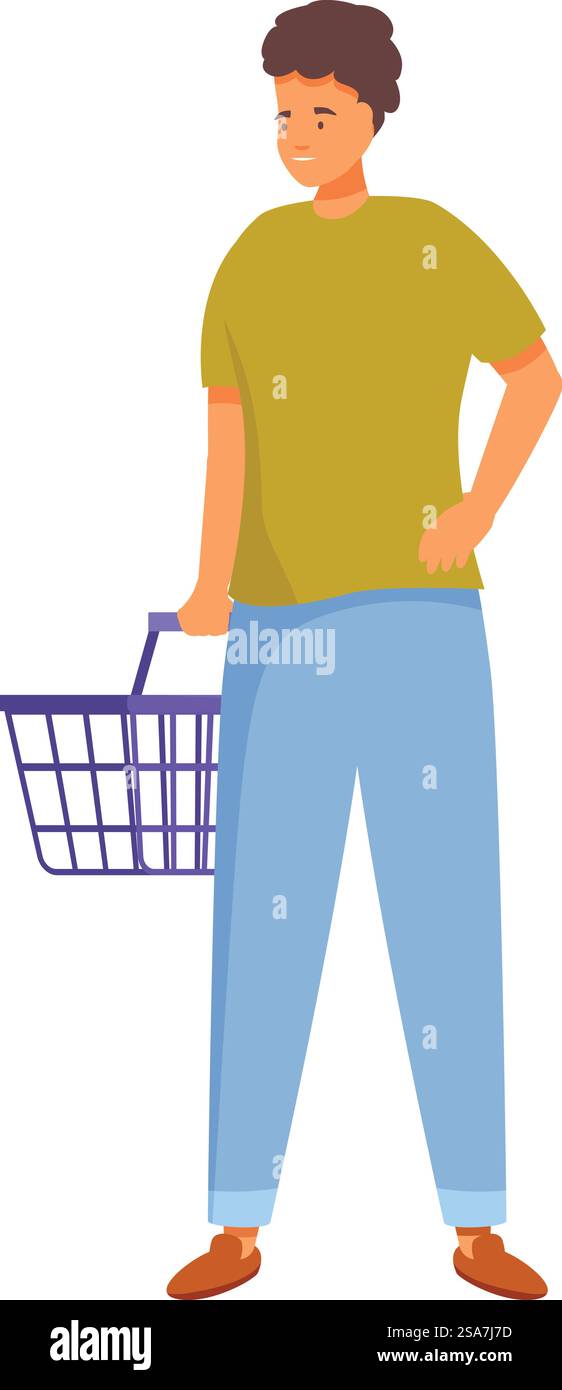 Young man holding a shopping basket waiting in line at the grocery ...