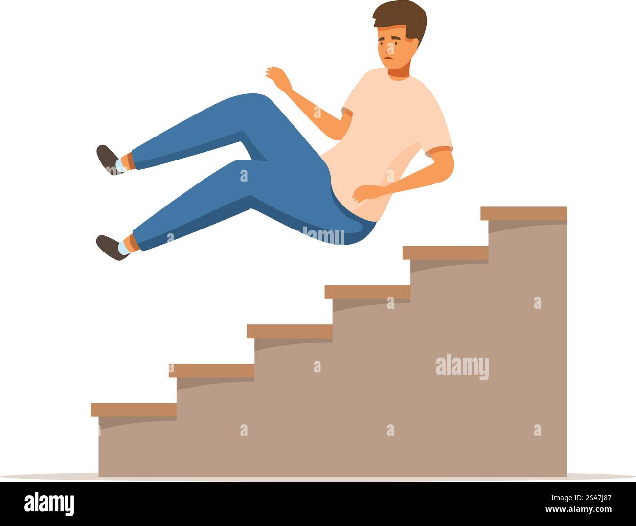 Young man is falling down some stairs and trying to regain his balance ...