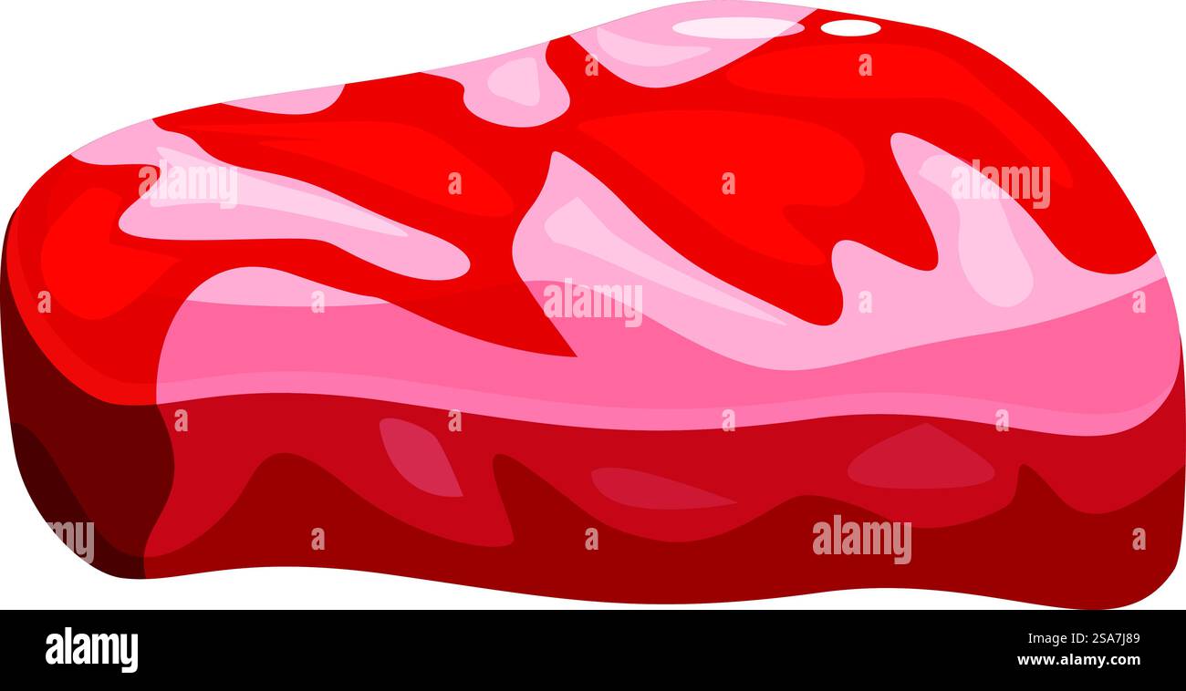 Cartoon icon of big red piece of raw meat with fat layers is lying on ...