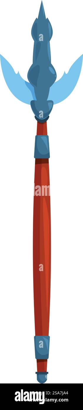 Cartoon magic staff with sharp metal tip and wooden handle standing ...