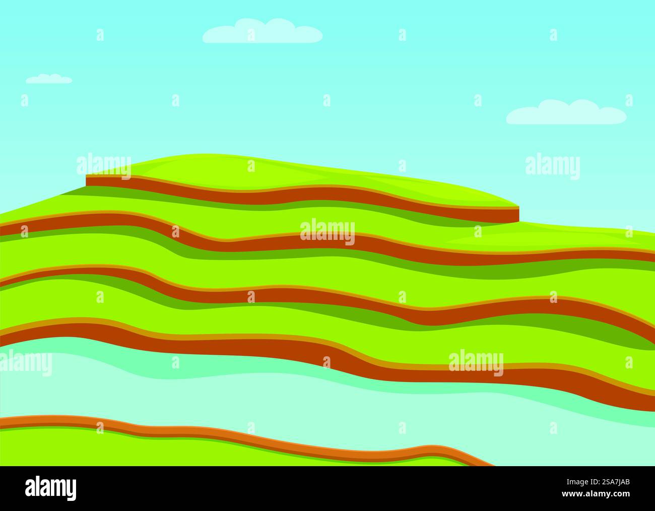 Beautiful green rice terraces landscape with a river flowing through ...