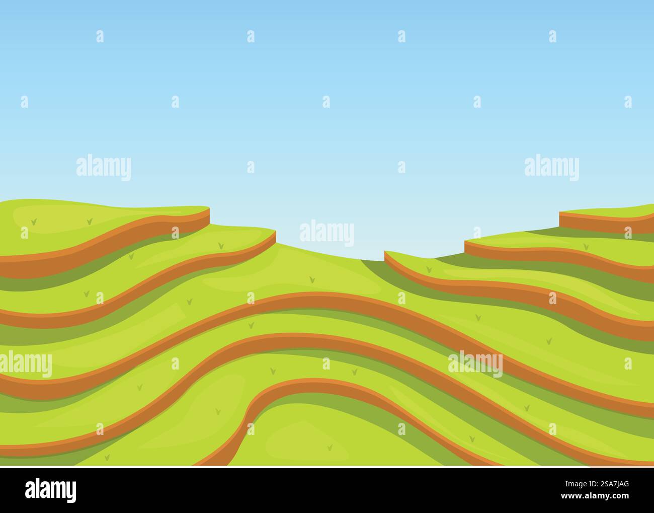 Green rice paddies forming steps all the way up on the hill under a ...