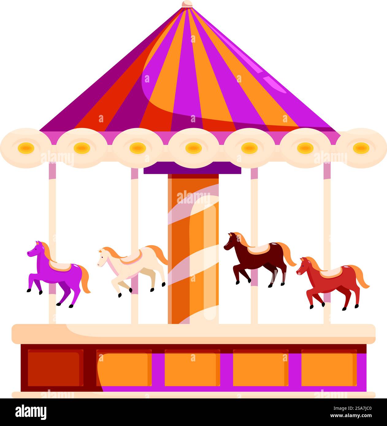 Colorful merry go round with horses turning on platform with striped awning, entertainment ...