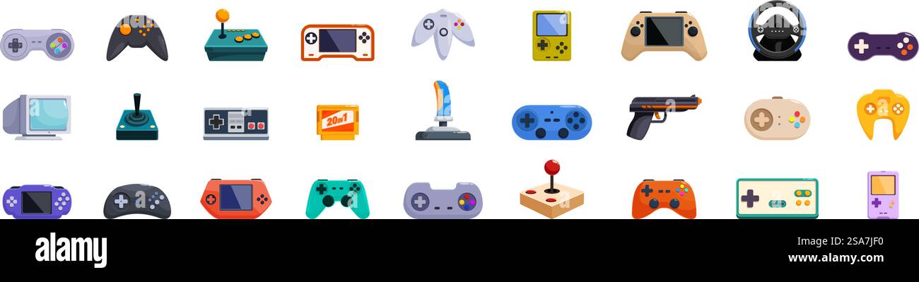 Retro gamepad icons set. Set of various devices for playing video games, including joysticks ...