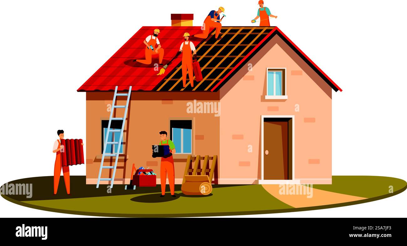 Construction workers team wearing orange uniform repairing house roof ...