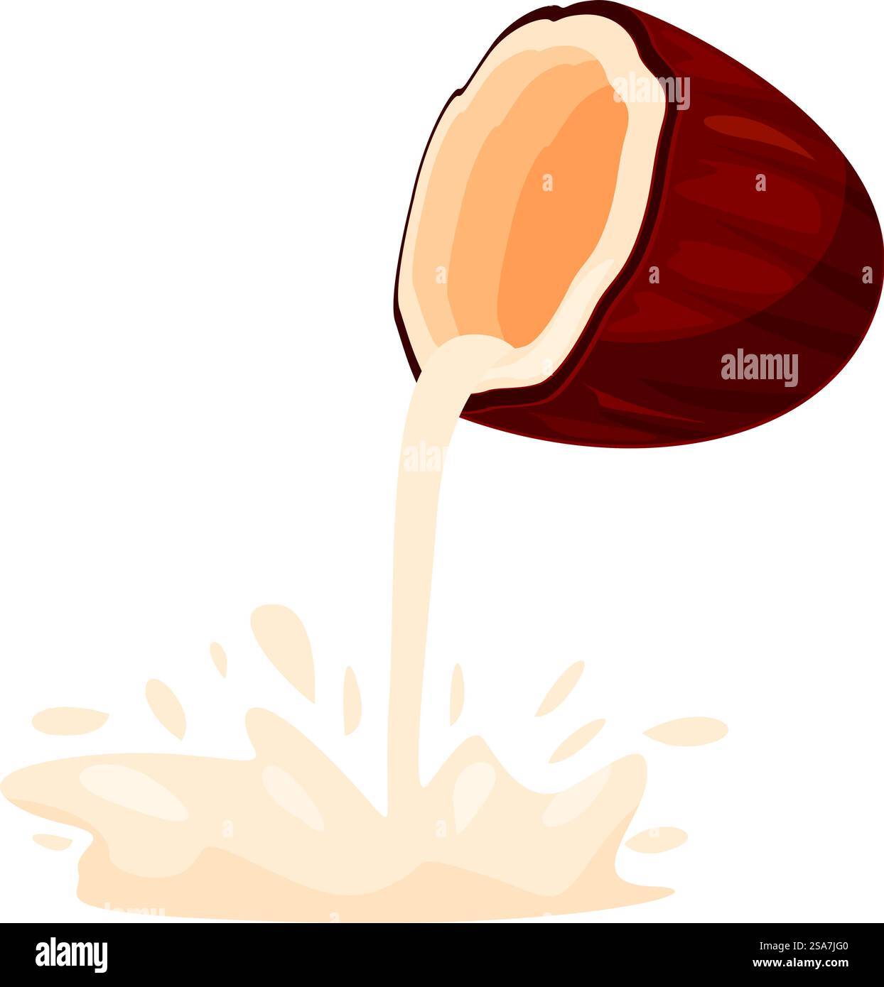 Coconut milk pouring from a cracked coconut making a splash on a white ...