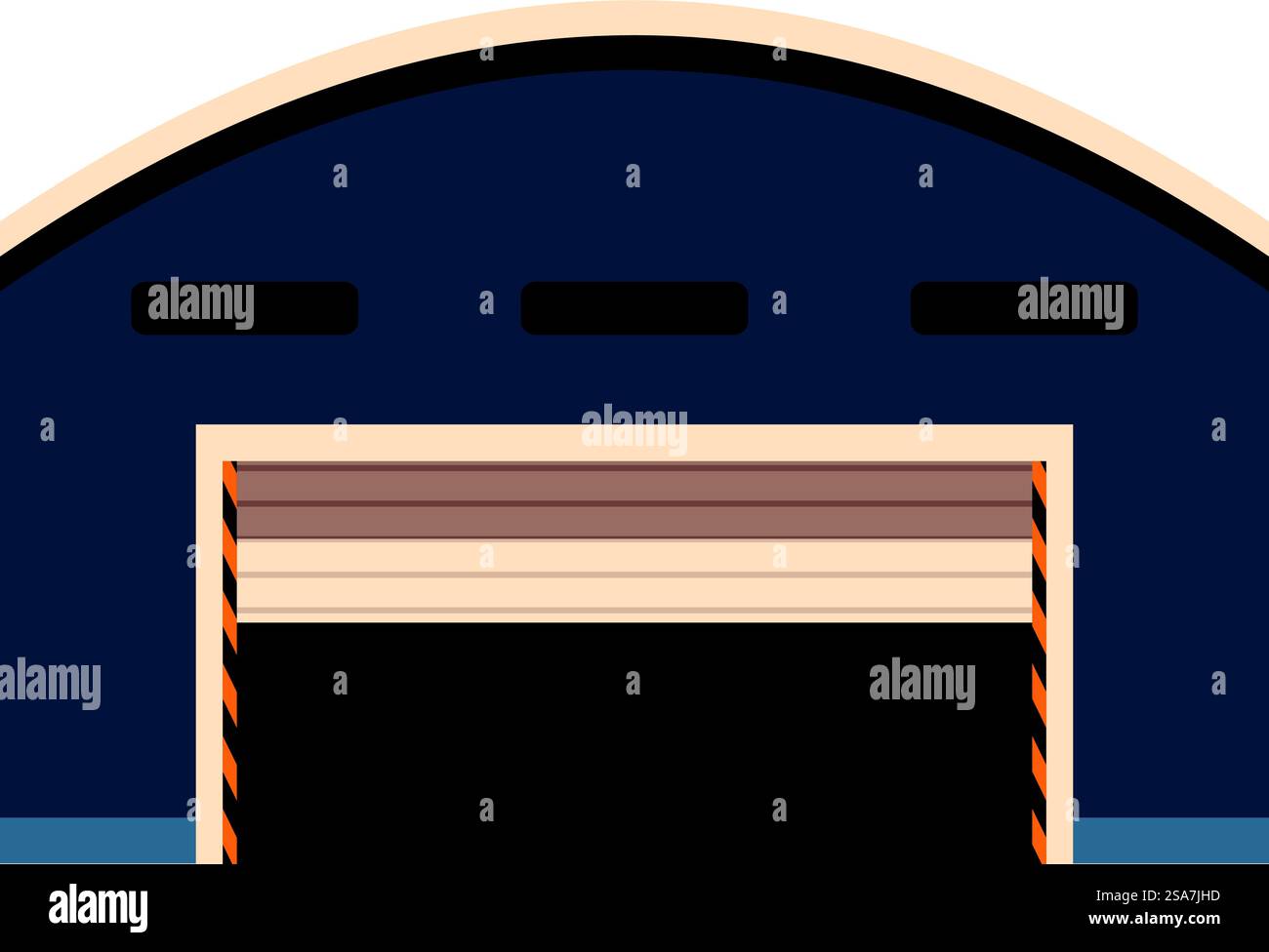Large industrial building with a closed roller shutter door and warning ...