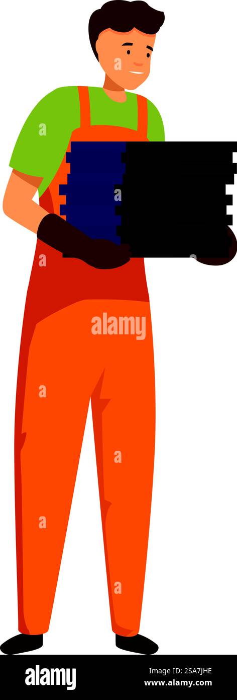 Construction worker wearing orange uniform and gloves holding heavy ...