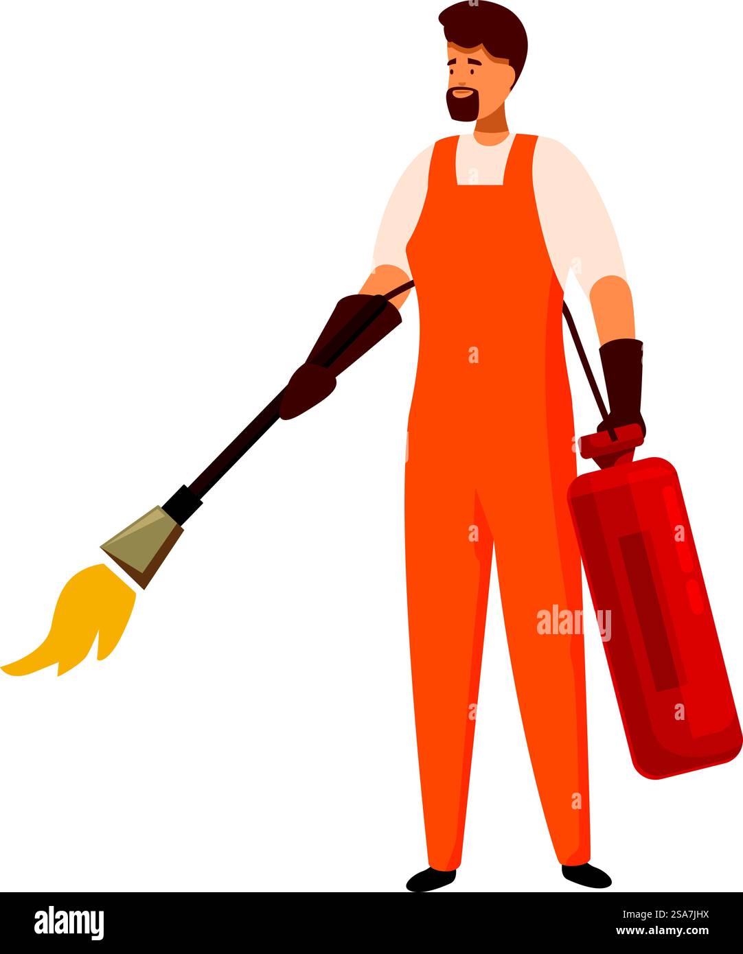 Pest control worker wearing orange overalls, holding a gas cylinder and ...