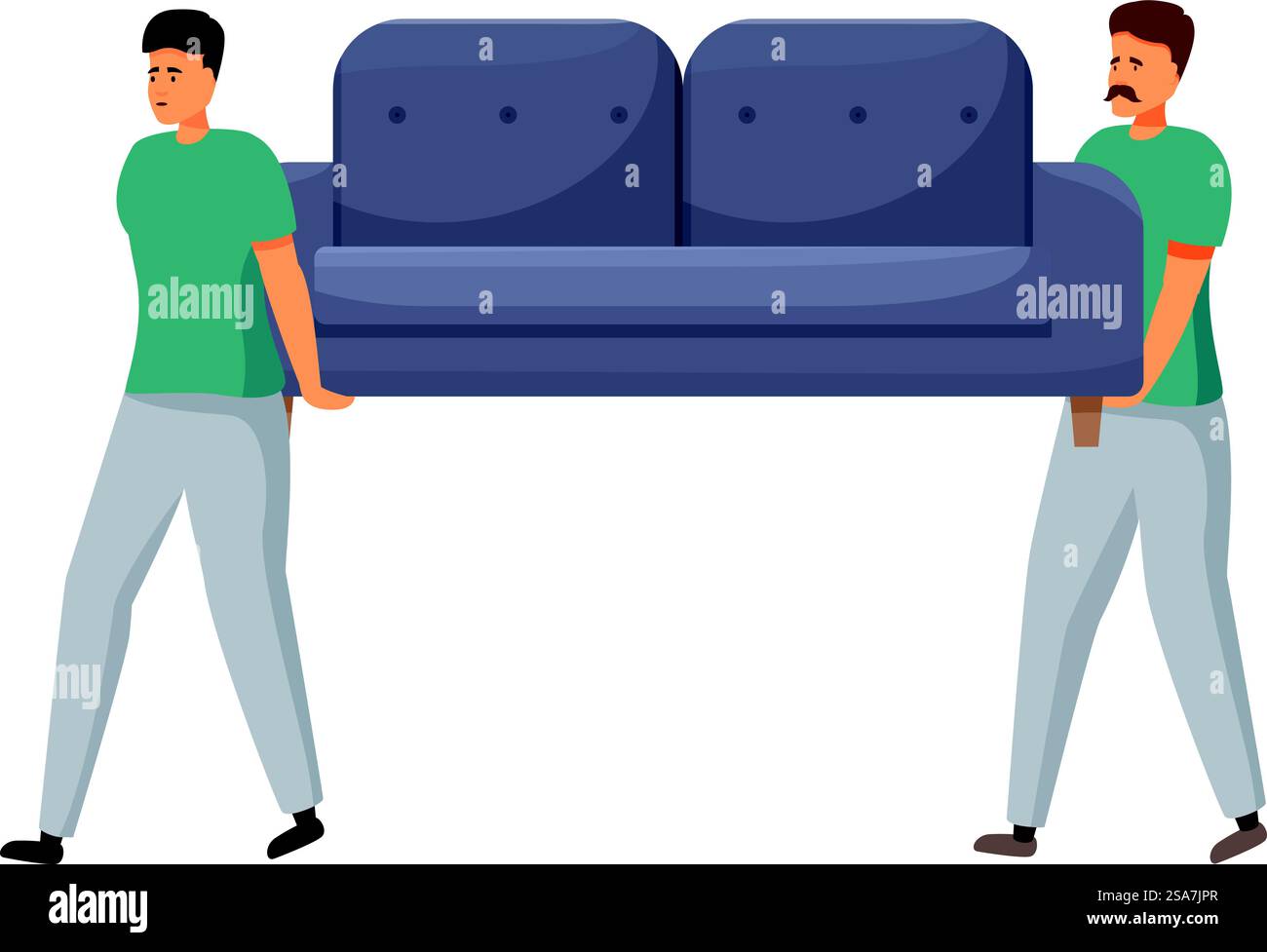 Two movers are carefully carrying a large sofa, demonstrating teamwork ...