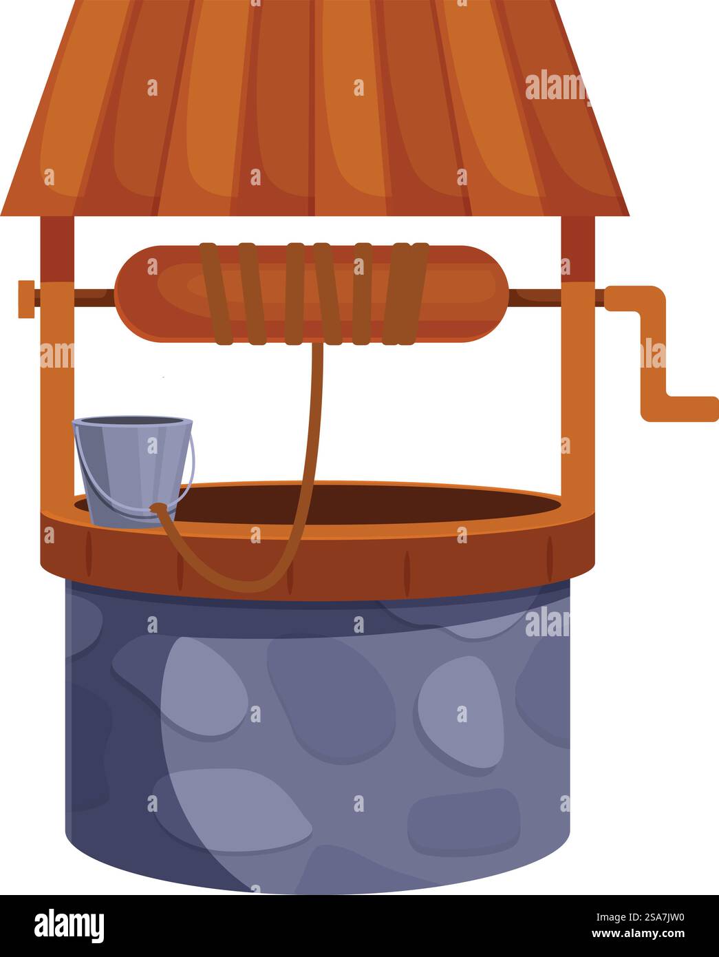 Old stone water well with wooden roof and metal bucket hanging on rope ...