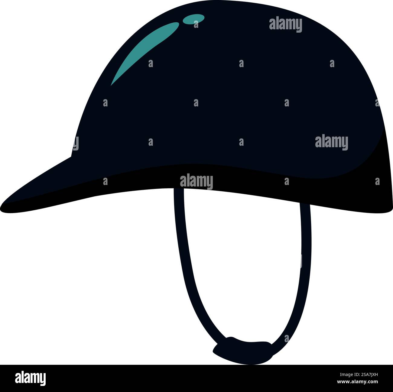 Dark blue riding helmet with chin strap fastening, protecting the head ...