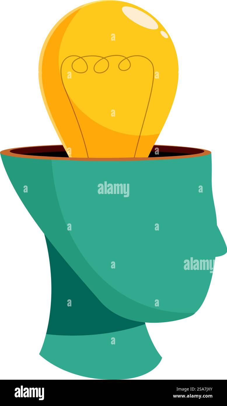 Cartoon illustration of a human head containing a glowing light bulb ...