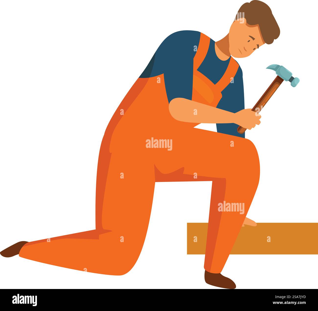 Construction worker wearing orange overalls is kneeling and hammering a ...