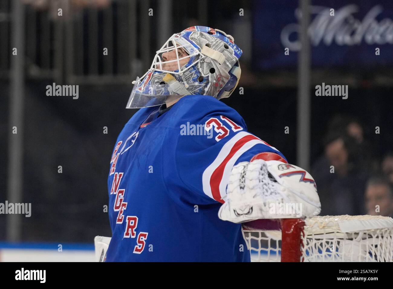 New York Rangers goaltender Igor Shesterkin reacts after being scored ...