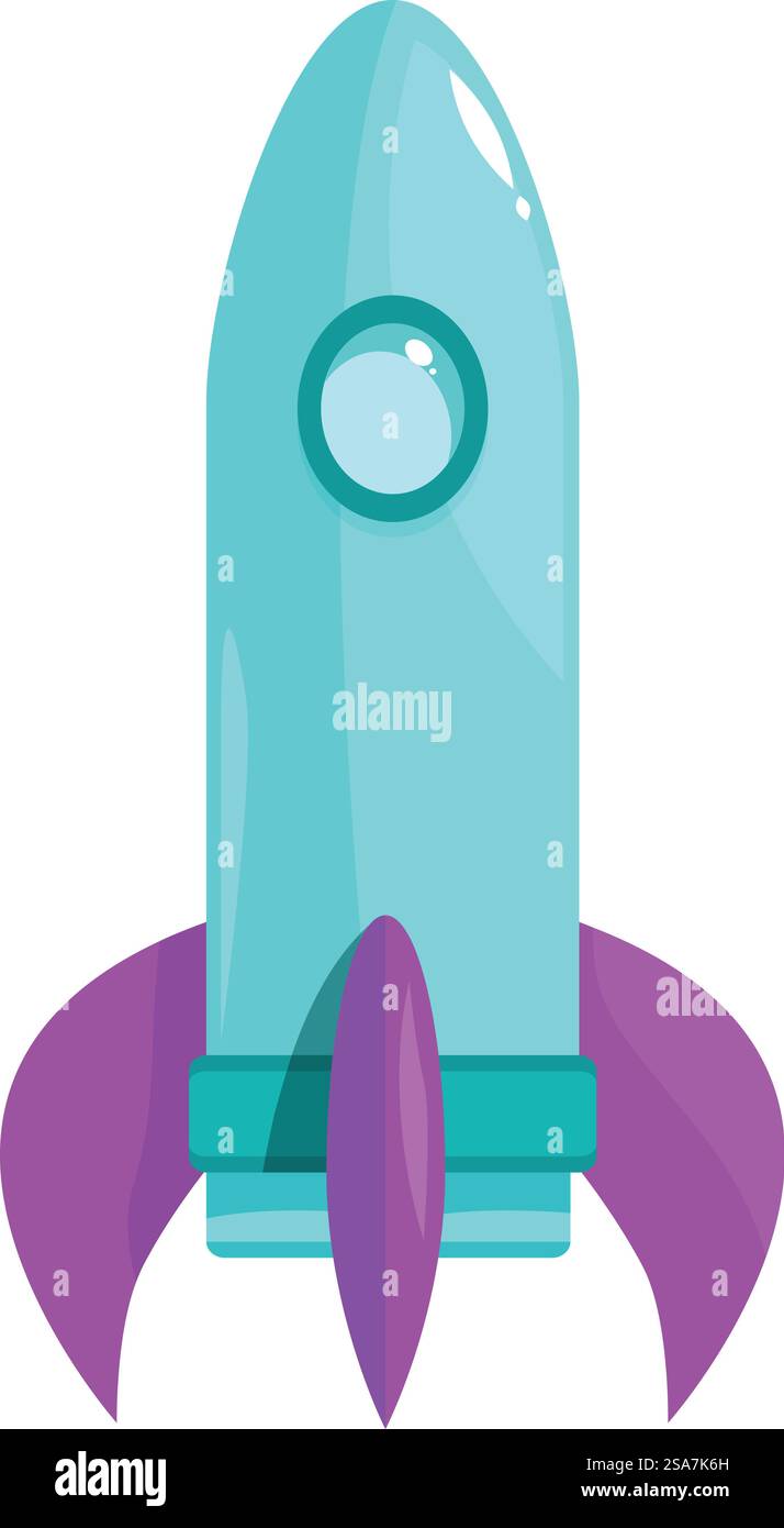 Blue rocket ship launching into space with purple flames. Cartoon ...
