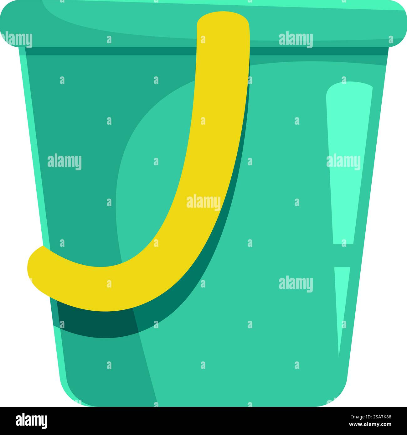 Green plastic bucket with yellow handle standing upright, for playing ...