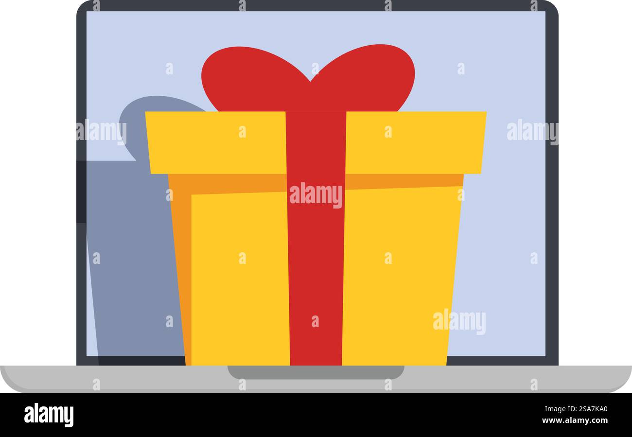 Laptop is displaying a gift box, suggesting an online celebration or ...