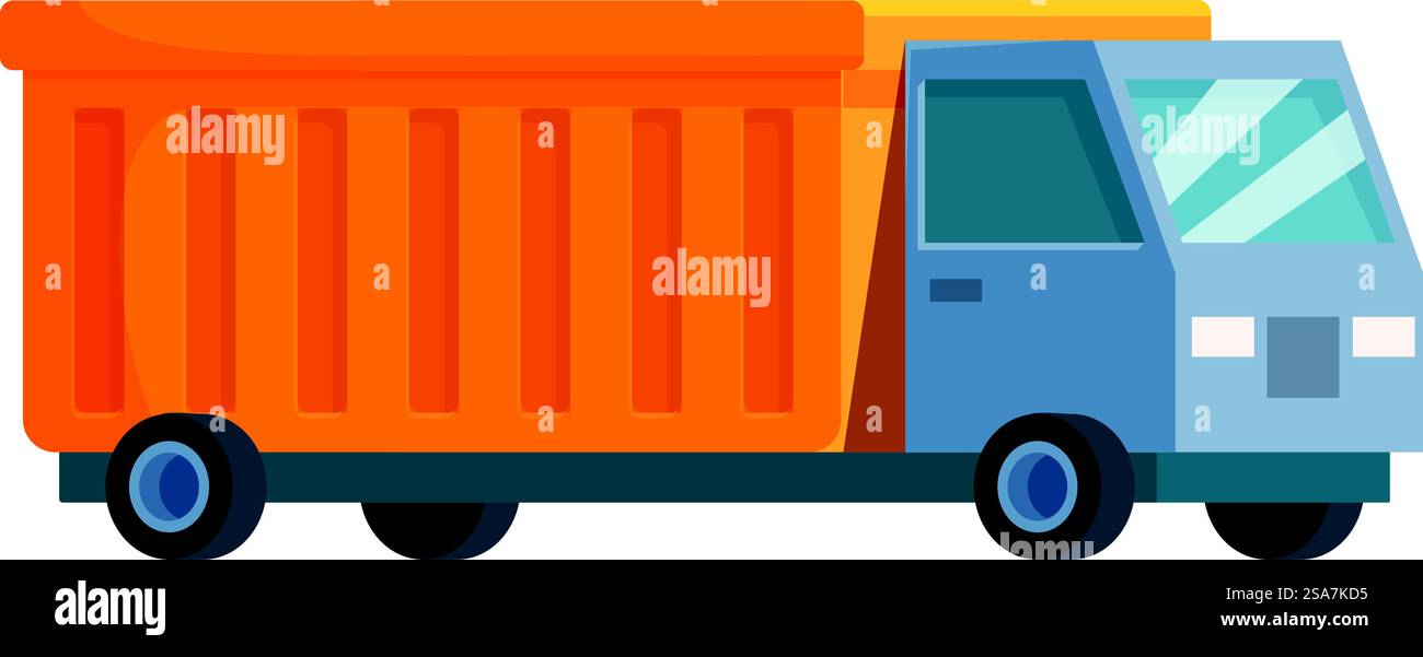Cartoon skip lorry transporting industrial waste for recycling. Orange ...