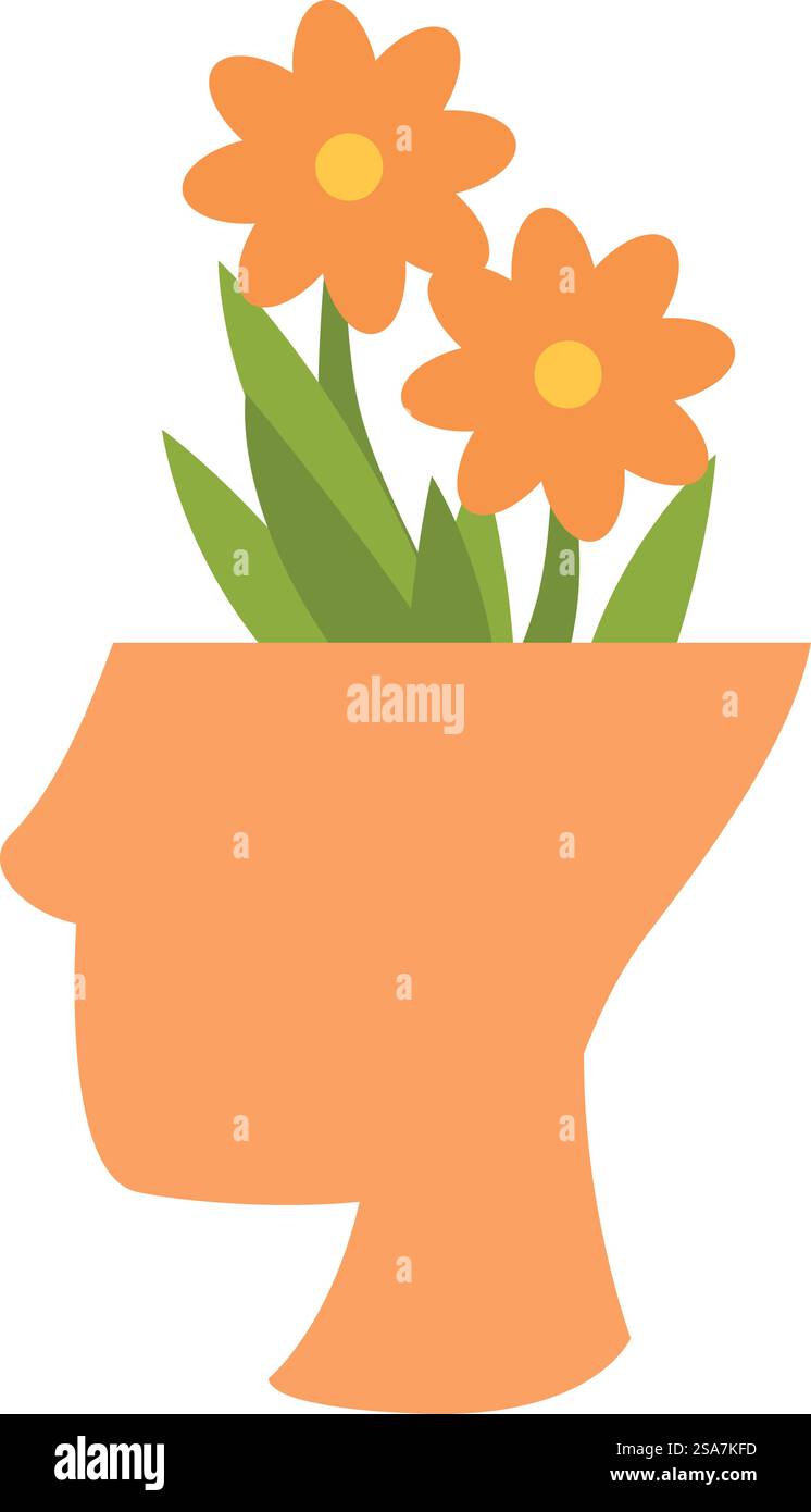 Human head shaped pot growing flowers representing positive thoughts ...