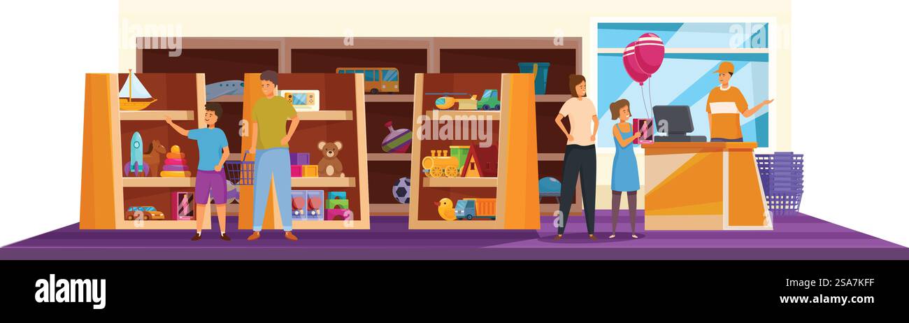 People choosing and buying toys in kids store with seller at counter ...