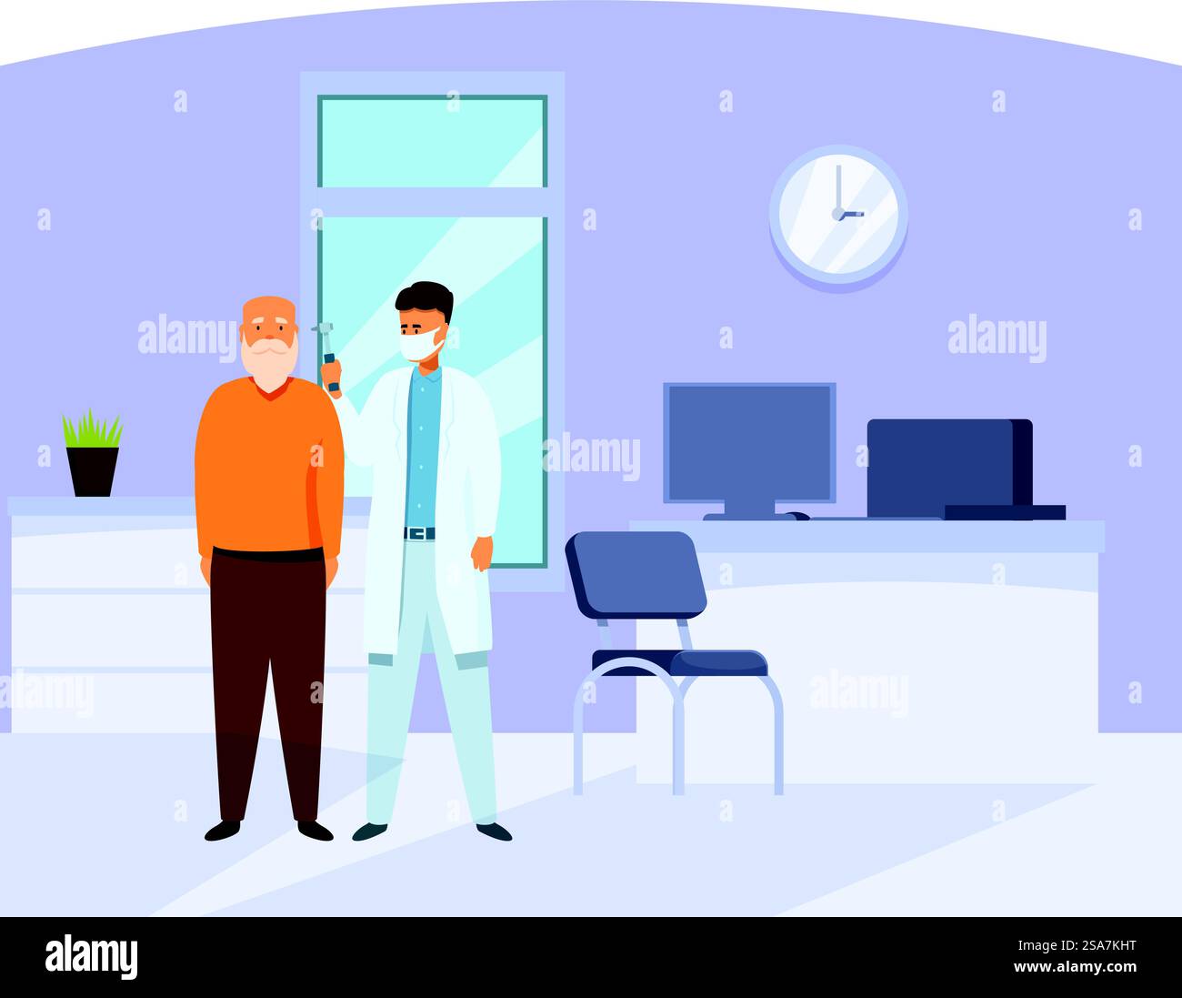 Ent doctor examining senior patient ear using otoscope in hospital room ...