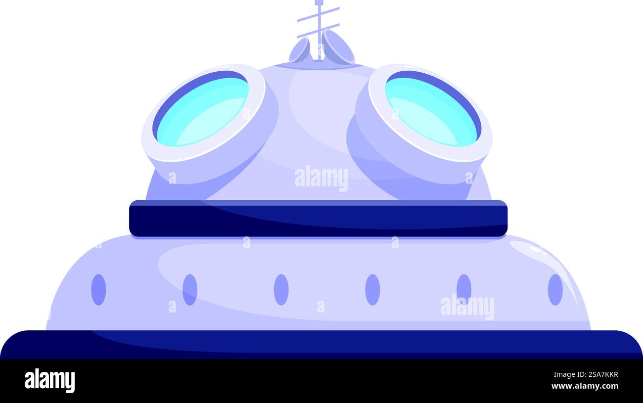 Cartoon spaceship is landing with its windows illuminated. Alien ...