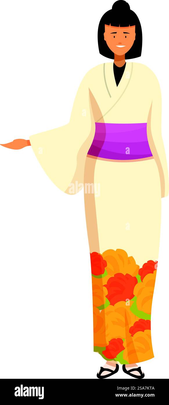 Young woman in traditional japanese clothing is gesturing towards the ...