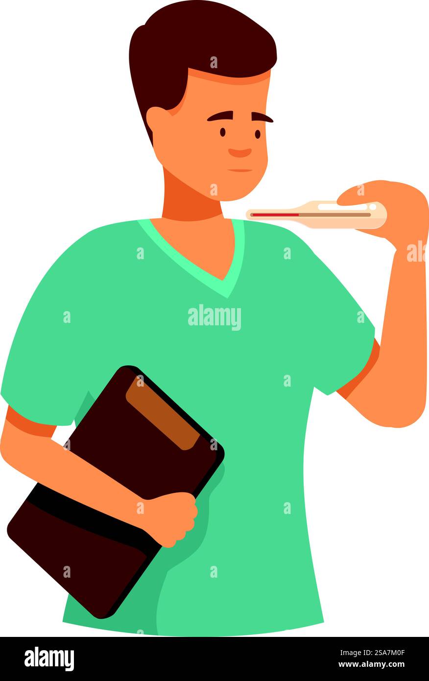 Male nurse is holding a thermometer and a clipboard, checking a patient ...