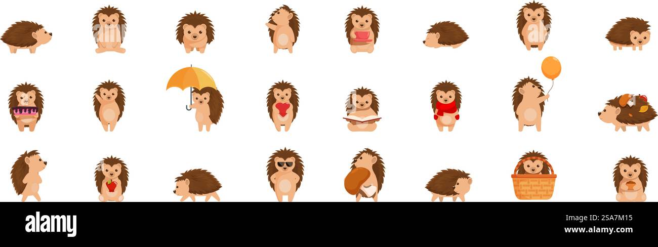 Funny hedgehog icons set. Set of cute cartoon hedgehog character doing ...