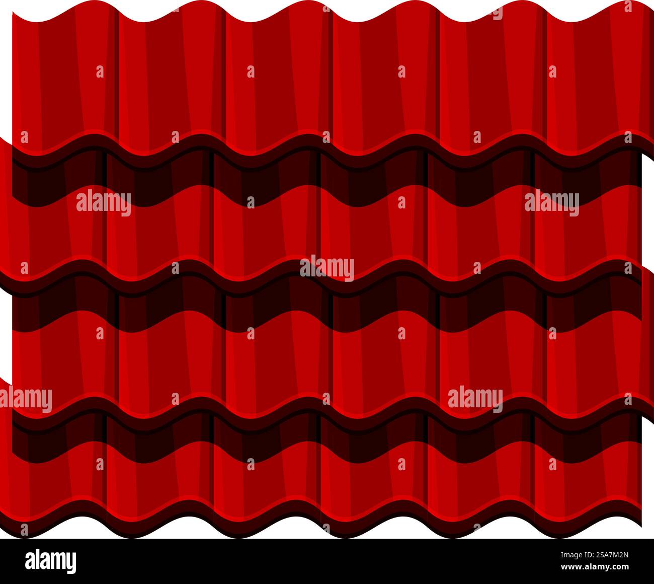 Red metal roof tiles are attached to the top of a residential home. Red ...