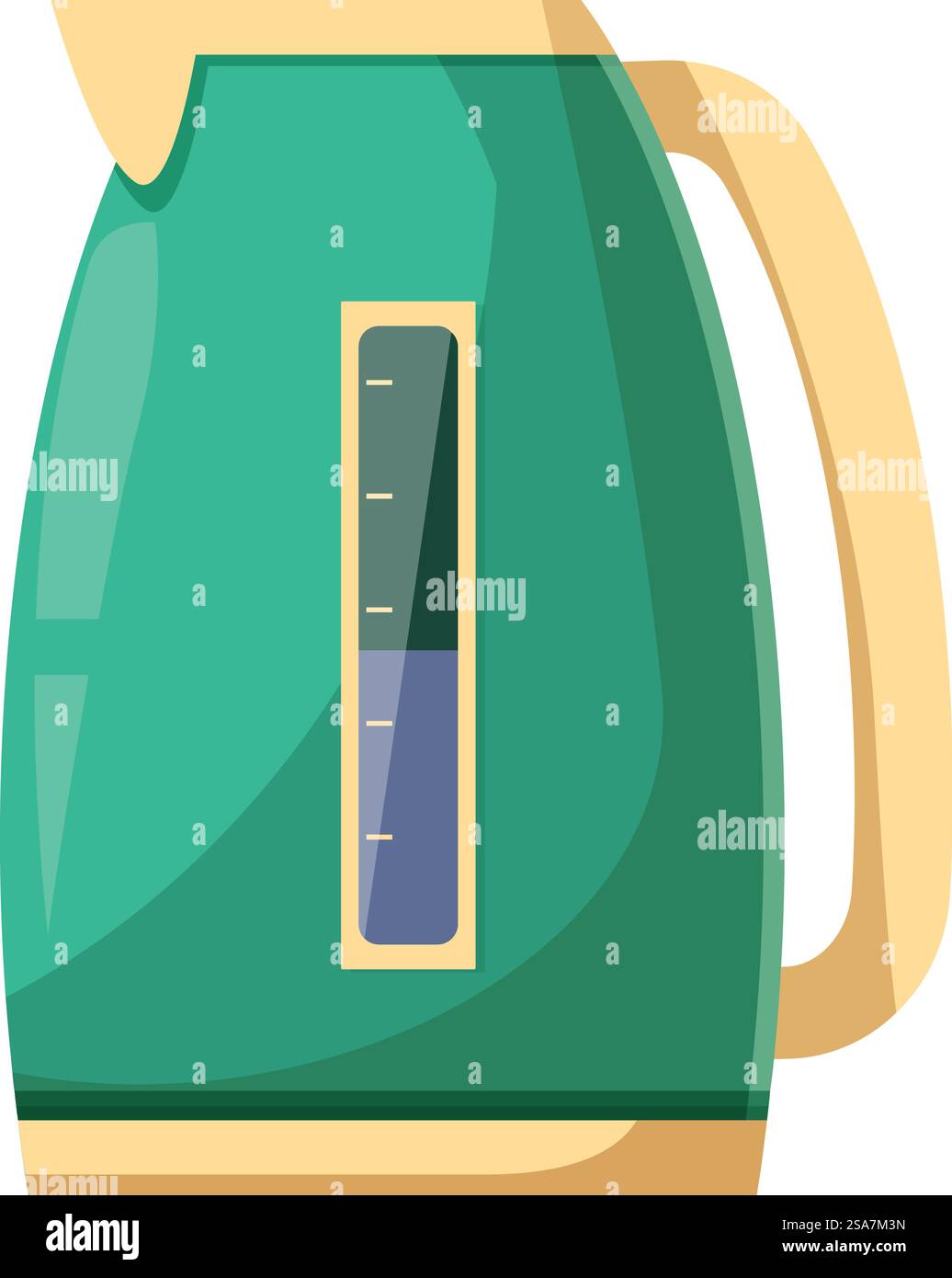 Green electric kettle showing water level indicator on white background ...