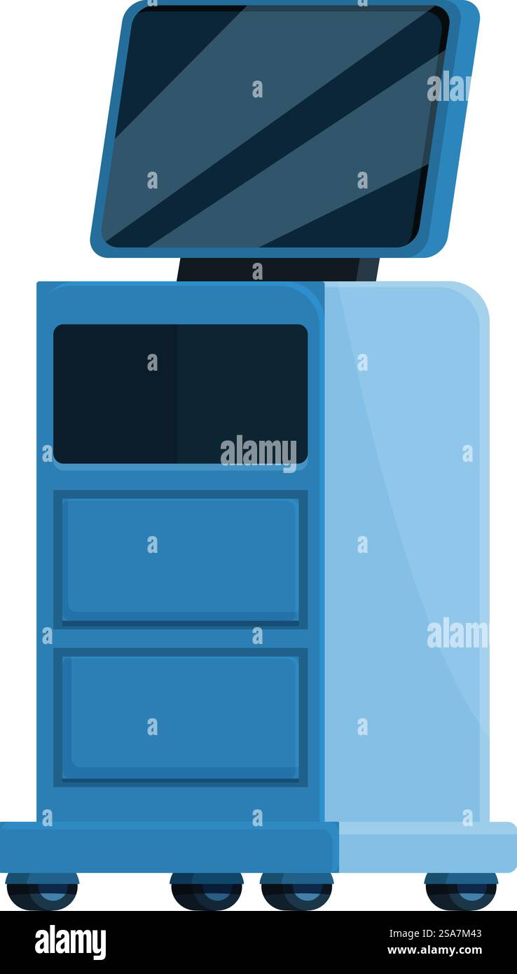 Blue medical equipment with empty monitor screen and drawers is ...
