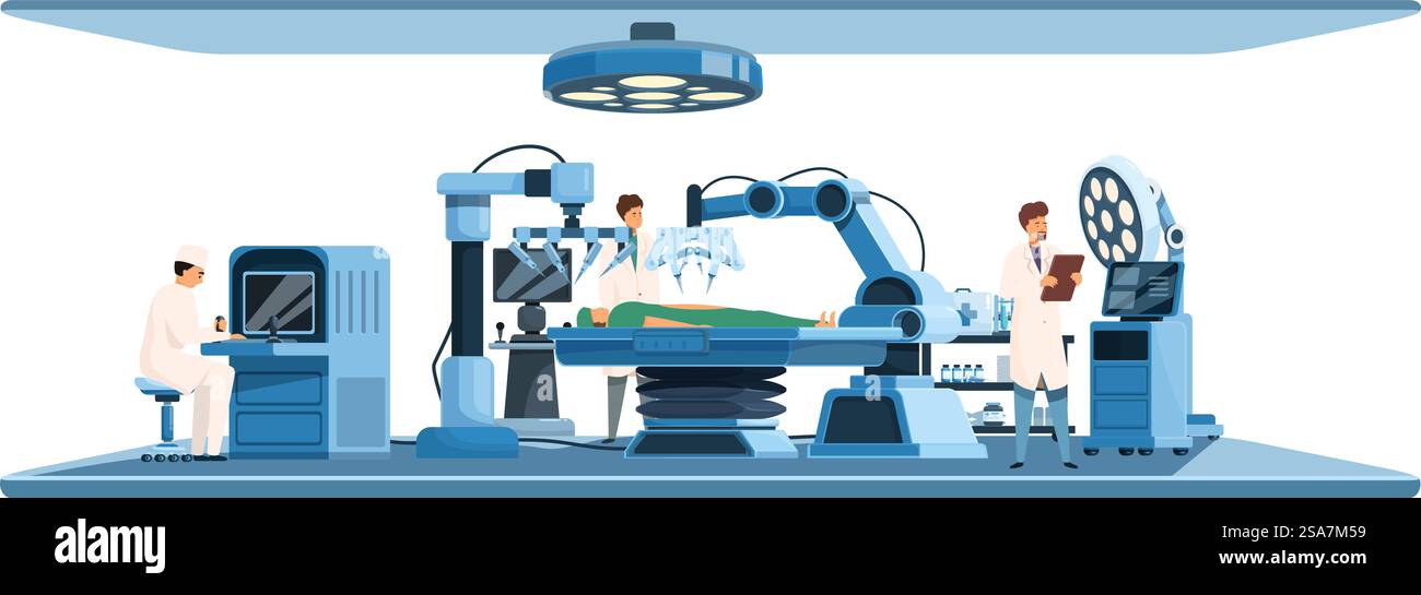 Medical team performing surgery using modern surgical robots in ...
