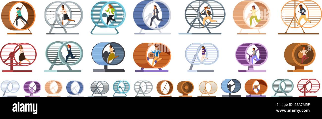 Woman running hamster wheel icons set. Business people running in ...