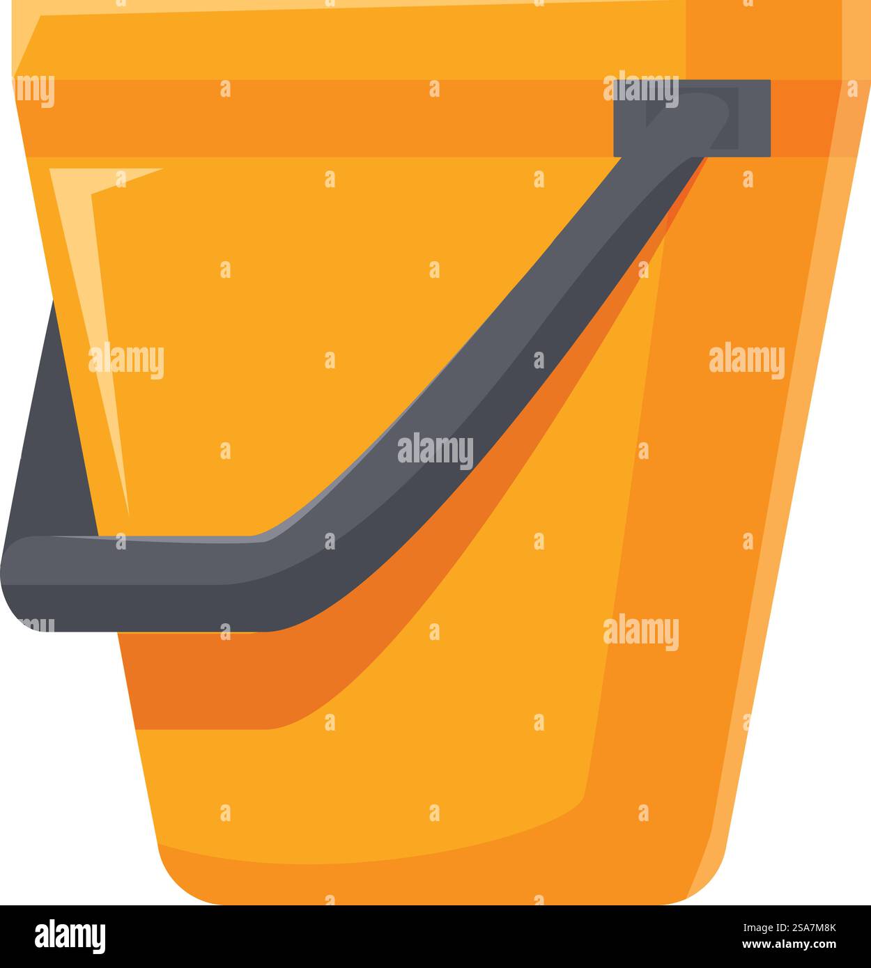 Empty orange plastic bucket with a black handle is standing upright ...