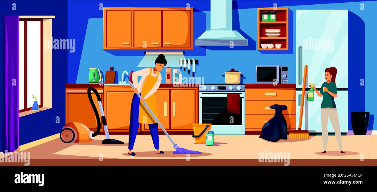 Cleaning service workers mopping floor and cleaning kitchen counter in ...