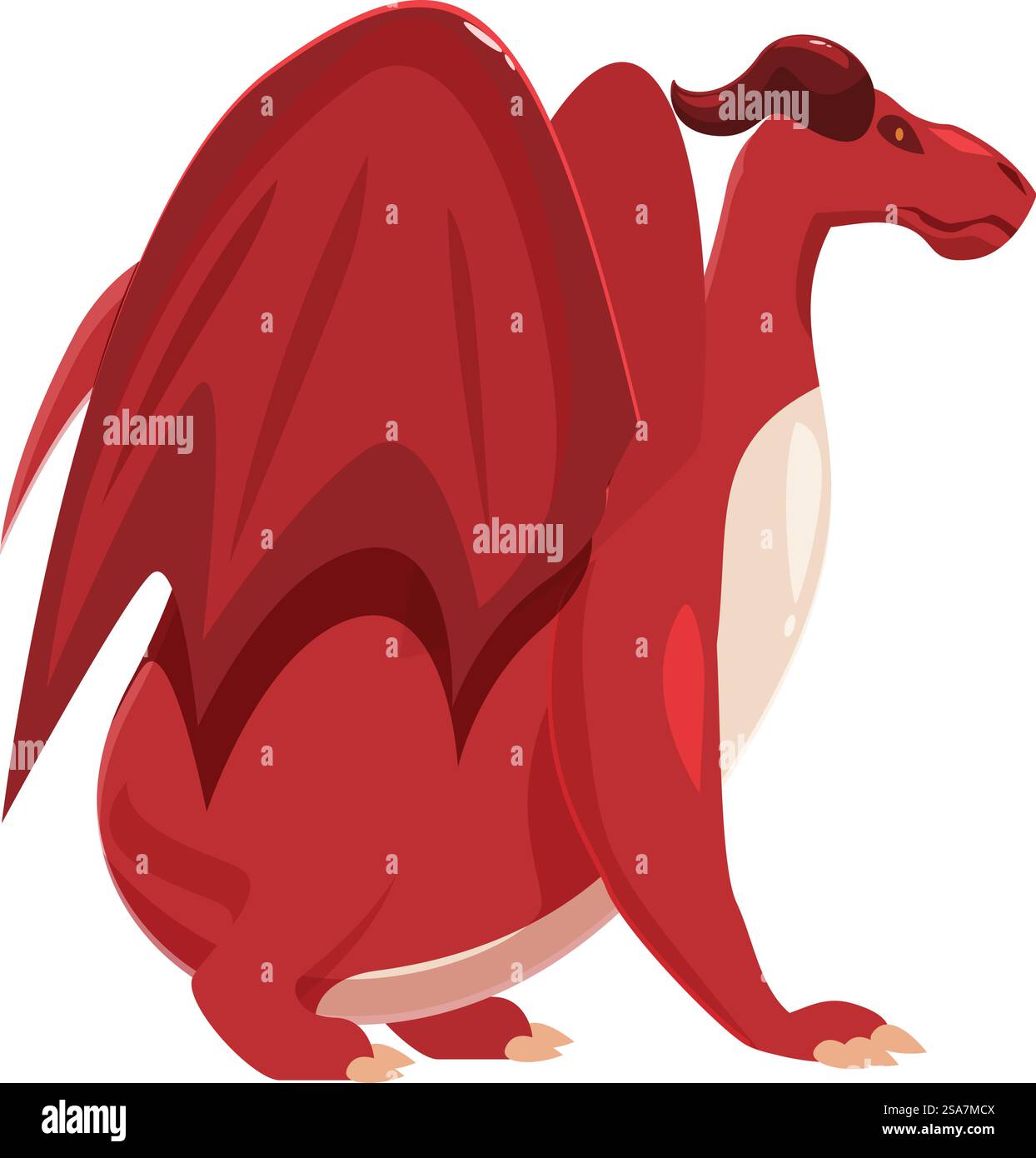 Powerful red dragon is sitting and spreading its wings, showing its ...