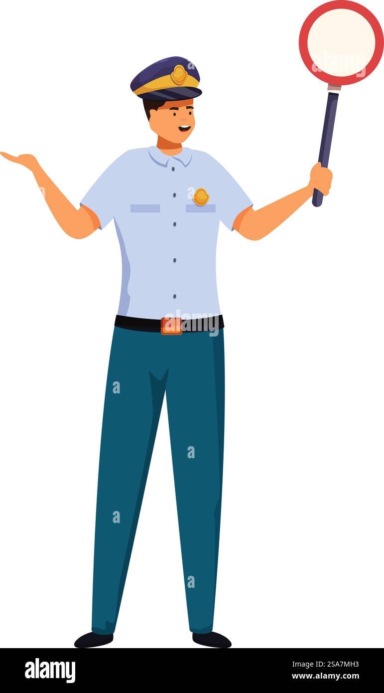 Policeman is showing directions with a blank sign in his hand. Smiling ...