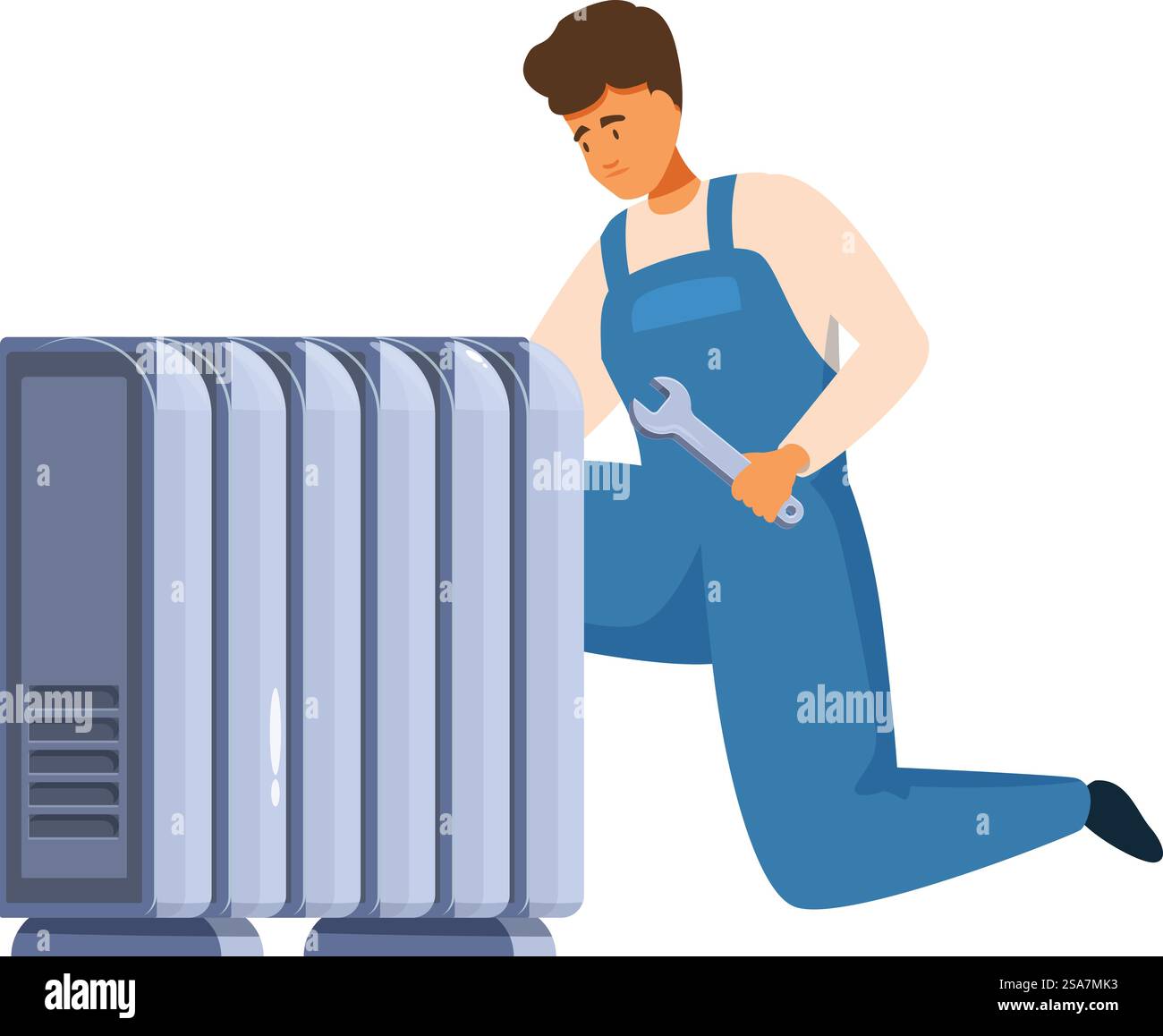 Plumber in a blue uniform is holding a wrench and fixing a home ...