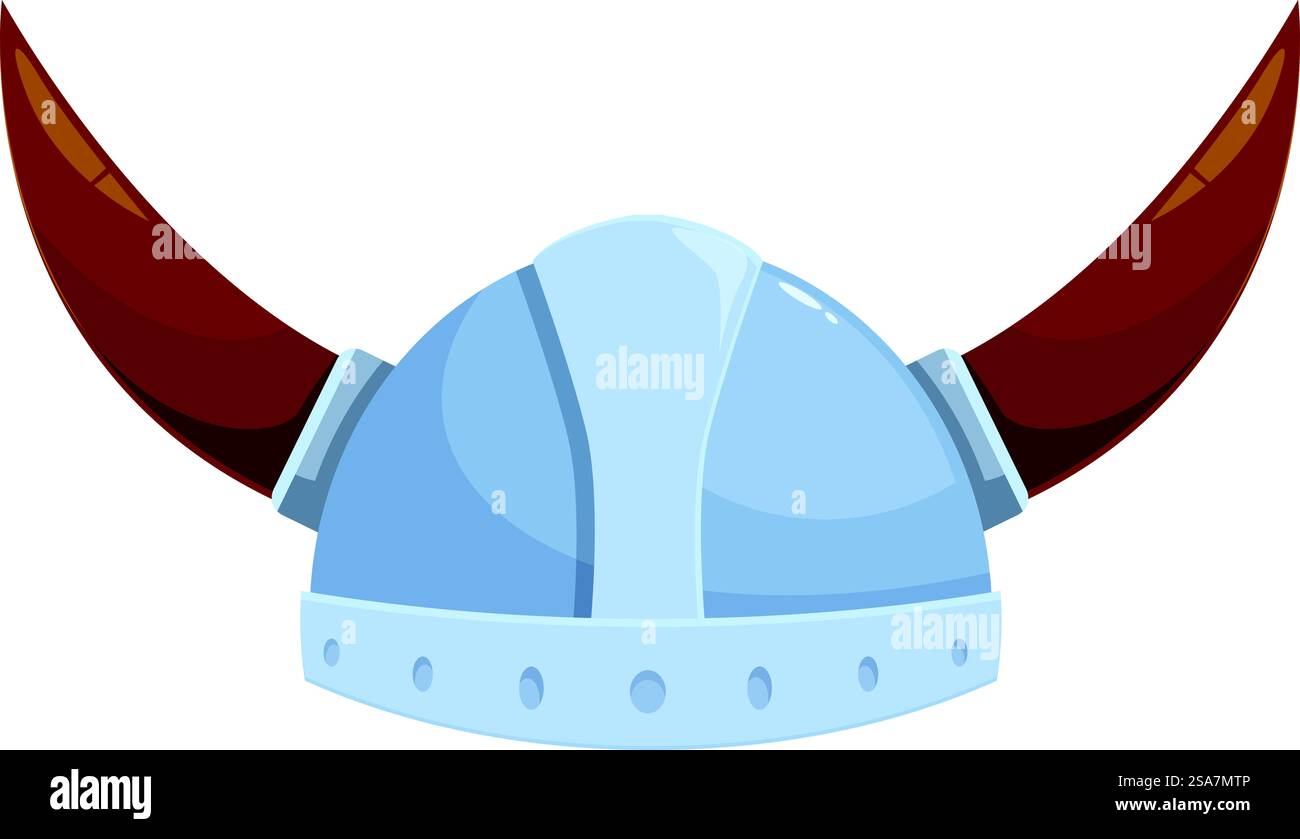 Blue metal viking helmet with two large brown horns pointing upwards ...