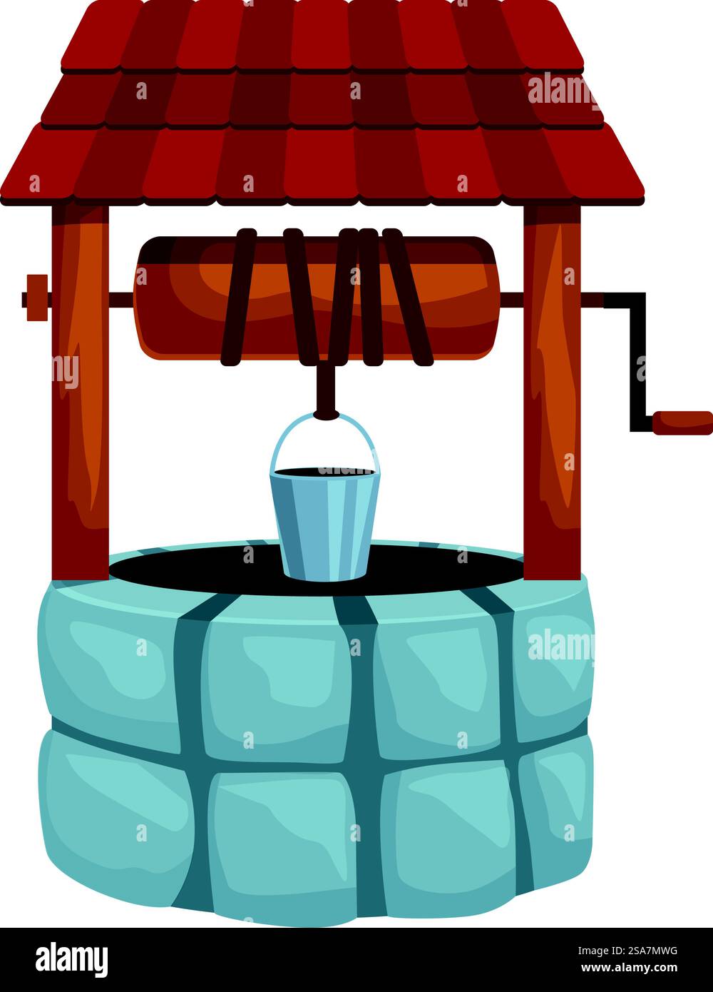 Old stone water well with wooden roof and bucket hanging over dark ...