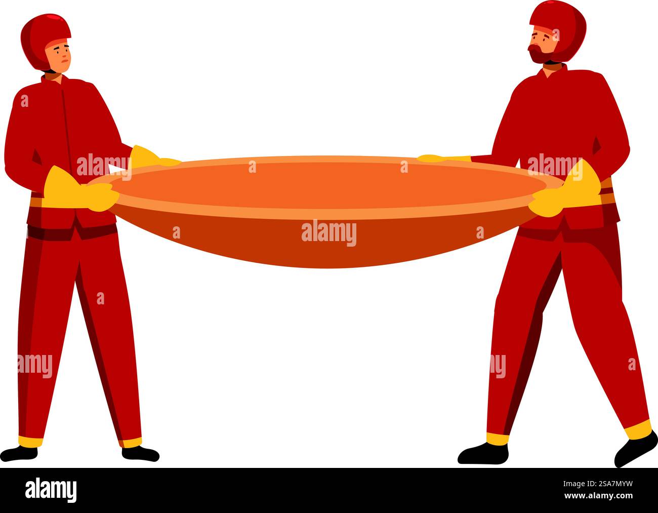 Two firefighters in protective gear are carefully carrying a stretcher ...