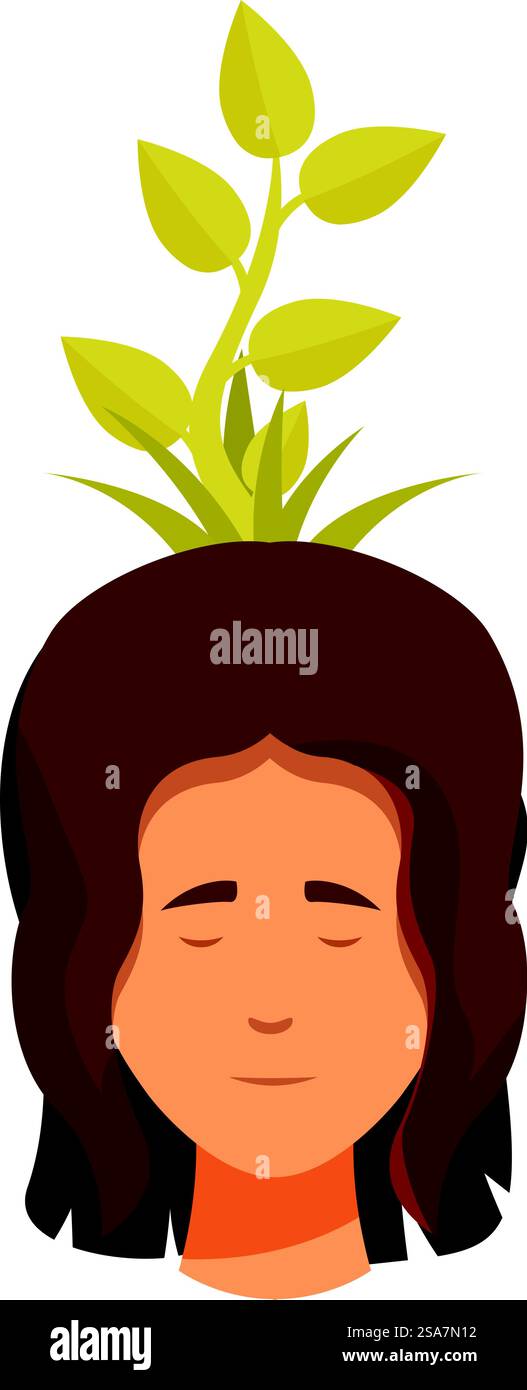 Woman is growing a plant from her head, symbolizing personal growth and ...