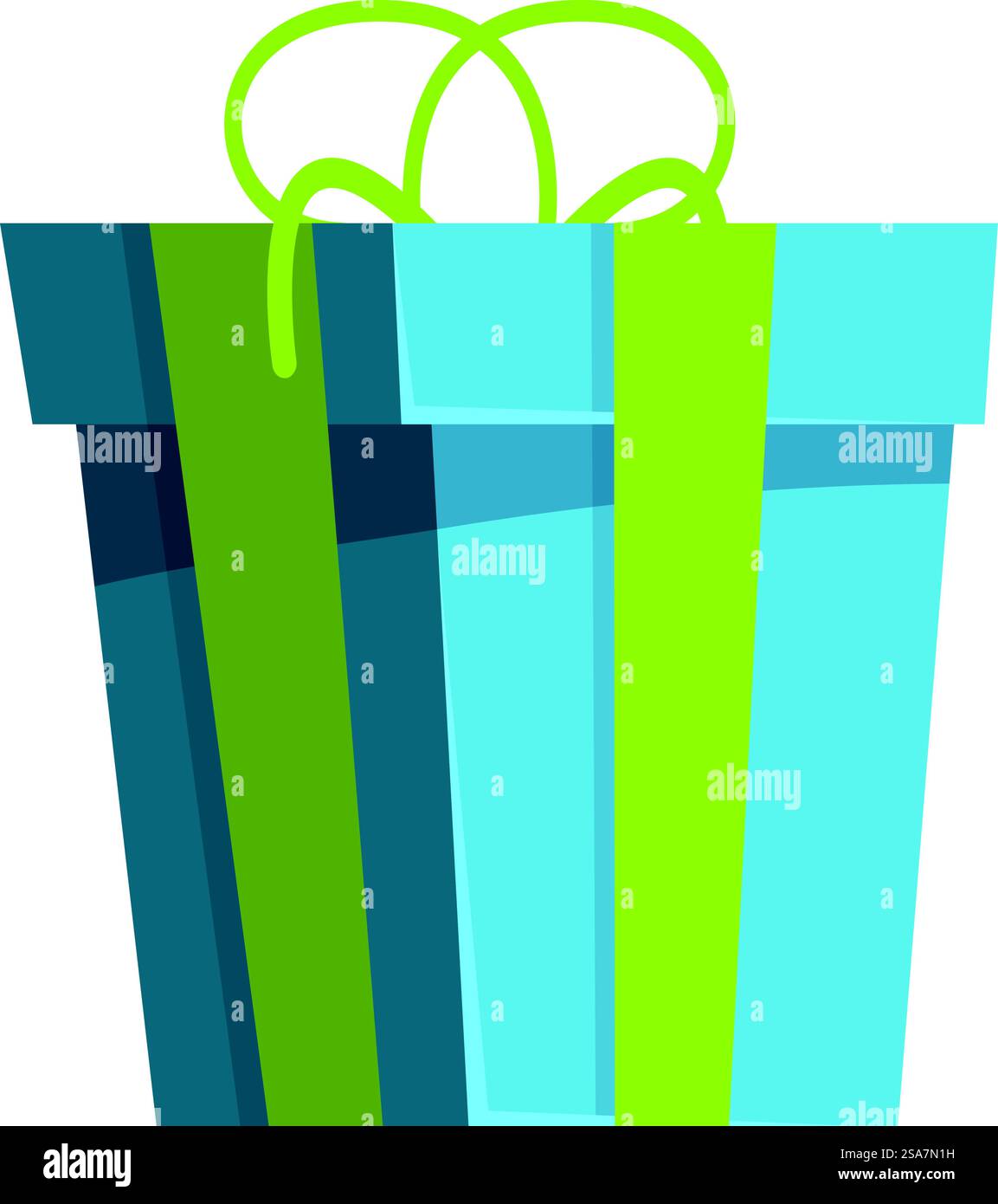 Blue and green striped gift box with a green ribbon on a white ...