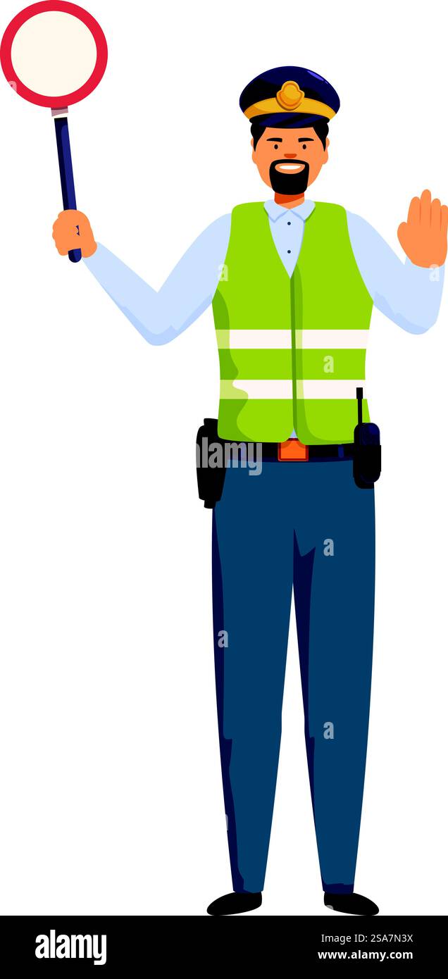 Smiling policeman in uniform holding a stop sign and gesturing to stop ...