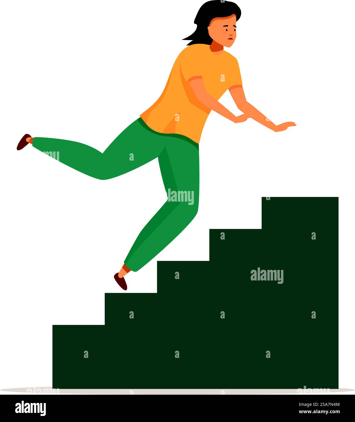 Young woman is falling down the stairs, she is trying to keep her balance by reaching out. Young ...
