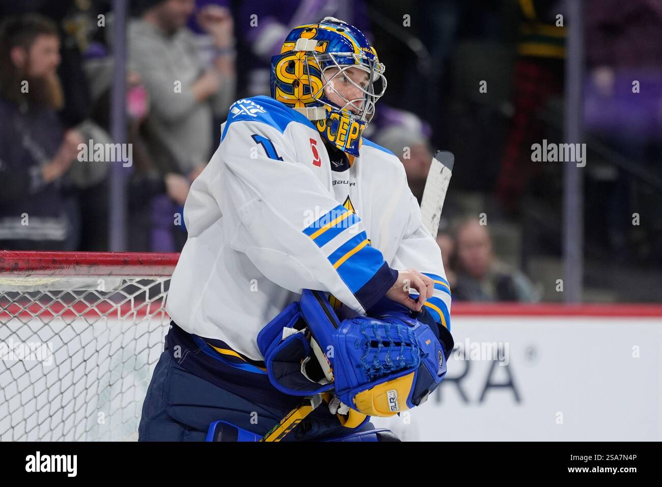 Toronto Sceptres goaltender Raygan Kirk reacts after a goal scored by ...