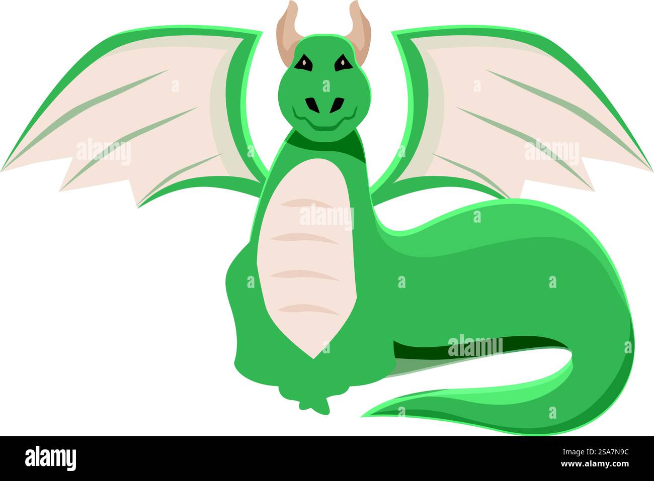 Green smiling dragon sitting spreading its wings. Friendly cartoon ...