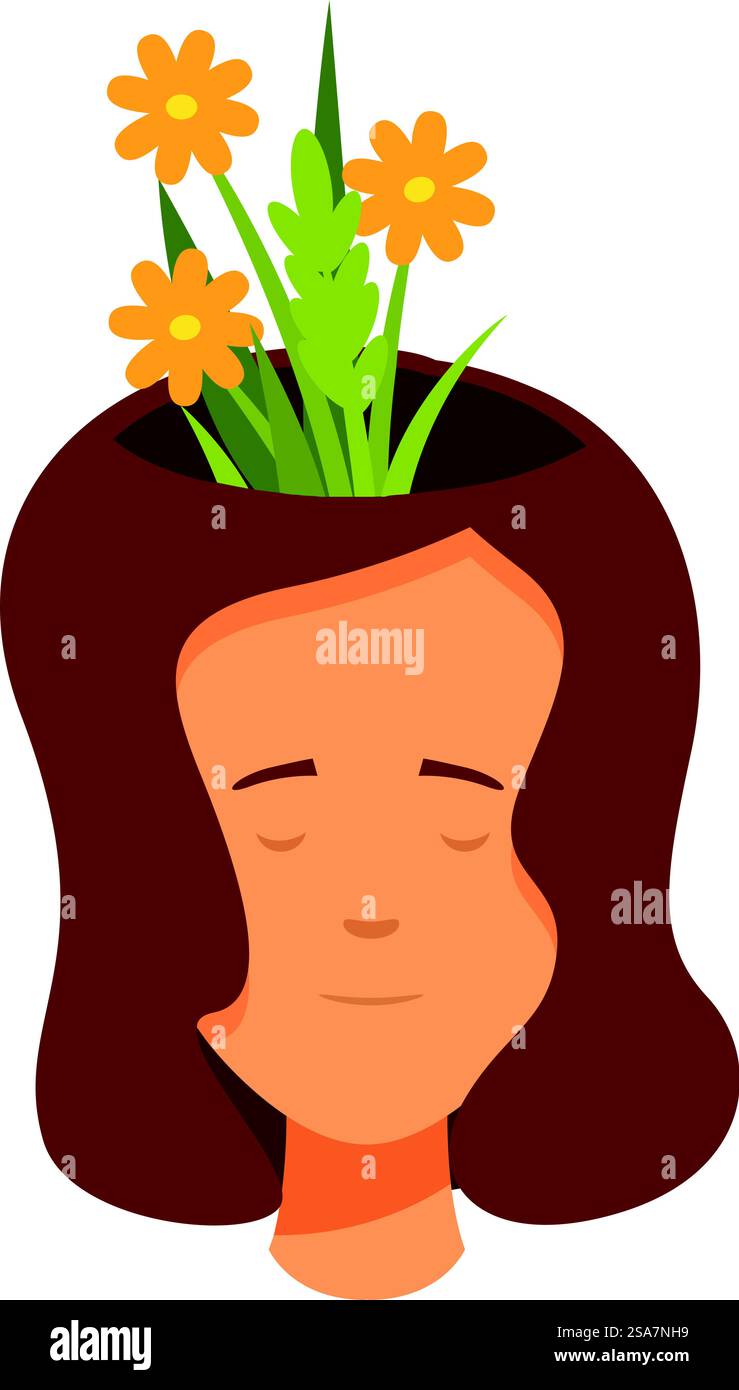 Illustration of a woman growing flowers inside her head, representing ...